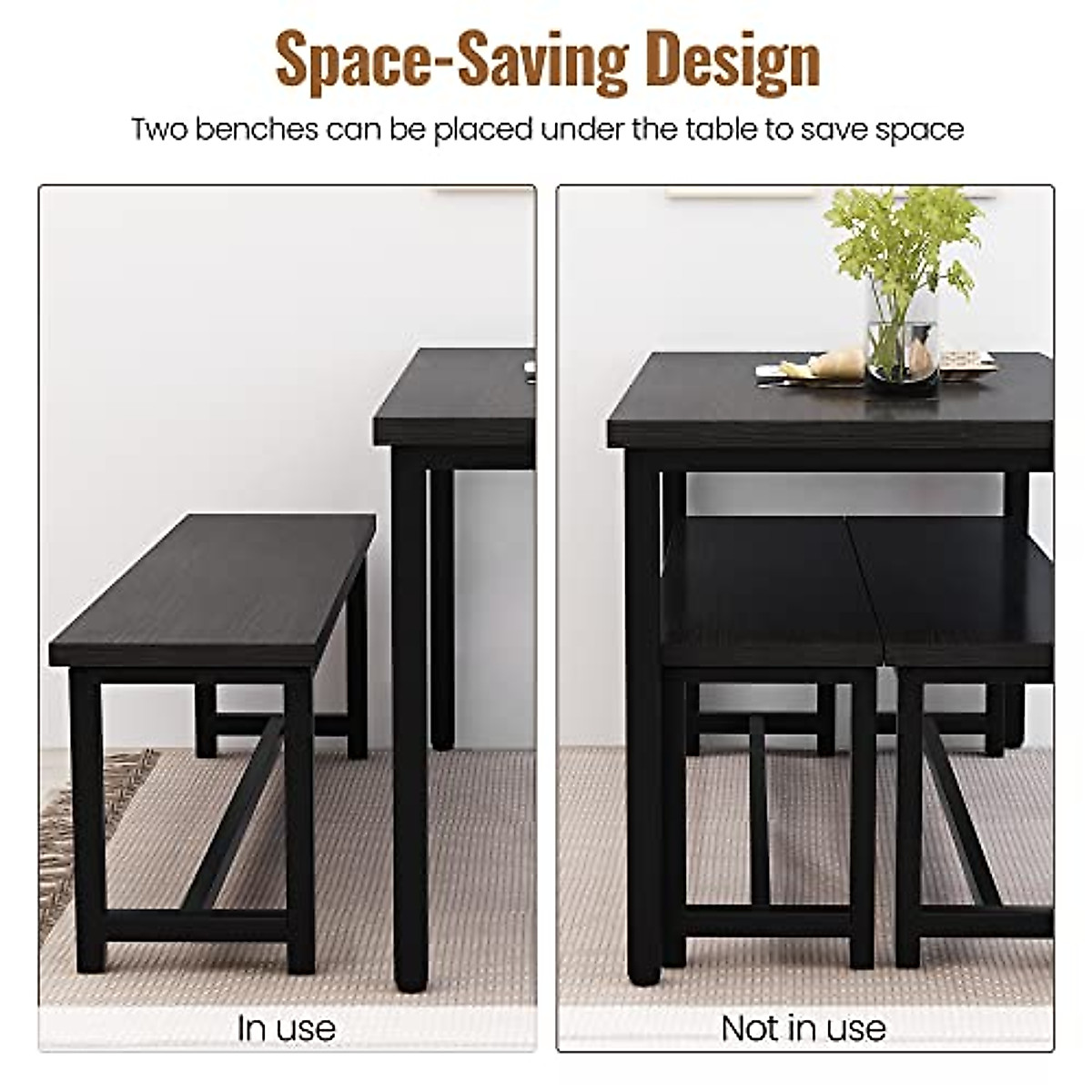 Recaceik Dining Table Set, Rectangular Dining Table and Chairs for 4, Modern Wood Bench Dining Room Table Set Kitchen Table Set with Two Benches & Metal Frame for Kitchen, Restaurant (Black)
