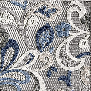 HomeRoots 2’ x 4’ Blue Gray Jacobean Floral Indoor Outdoor Area Rug