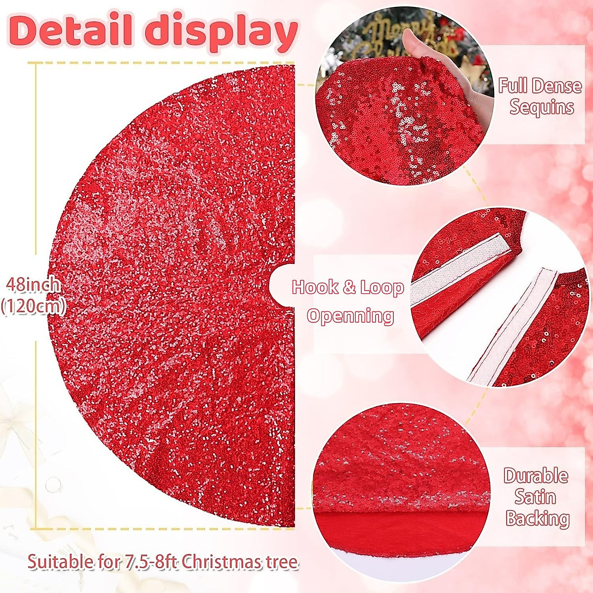 B-COOL Tree Skirts 48inches Red Christmas Sequin Tree Skirt Embroidered Tree Carpets Glitter Tree Mats Chrismas Tree Cover Round Red