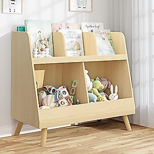 Curipeer Kids Bookshelf and Toy Organizer, 5 Cubbies Wooden Open Bookcase, 2-Tier Baby Storage Display Organizer with Legs, Free Standing Bookshelf for Playing Room, Nursery, Natural Wood Color
