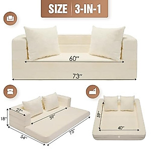 Cansunna Folding Bean Bag Chair for Adults,3-in-1 Bean Bag Couch Faux Fur Floor Sofa Large Beanbag Convertible Bean Bag Sofa Bed with Pillow,Bedroom,Living Room(Large,Milky White)