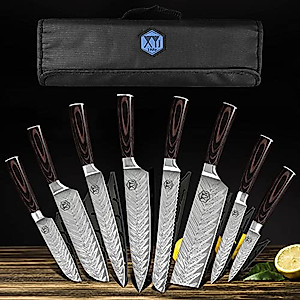 XYJ Professional Kitchen Knife Set Vein Pattern 8" 7" 5" 3.5" Chef Knives Set With Carry Case Bag & Sheath 8 Pieces Cooking Knife Tools (Coffee)