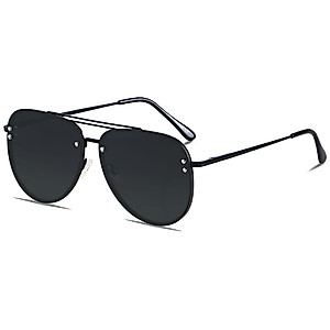 ANDWOOD Oversized Aviator Sunglasses for Women Men Big Large Rimless Metal Frame with Spring Hinges Sun glasses Polarized Black Shades