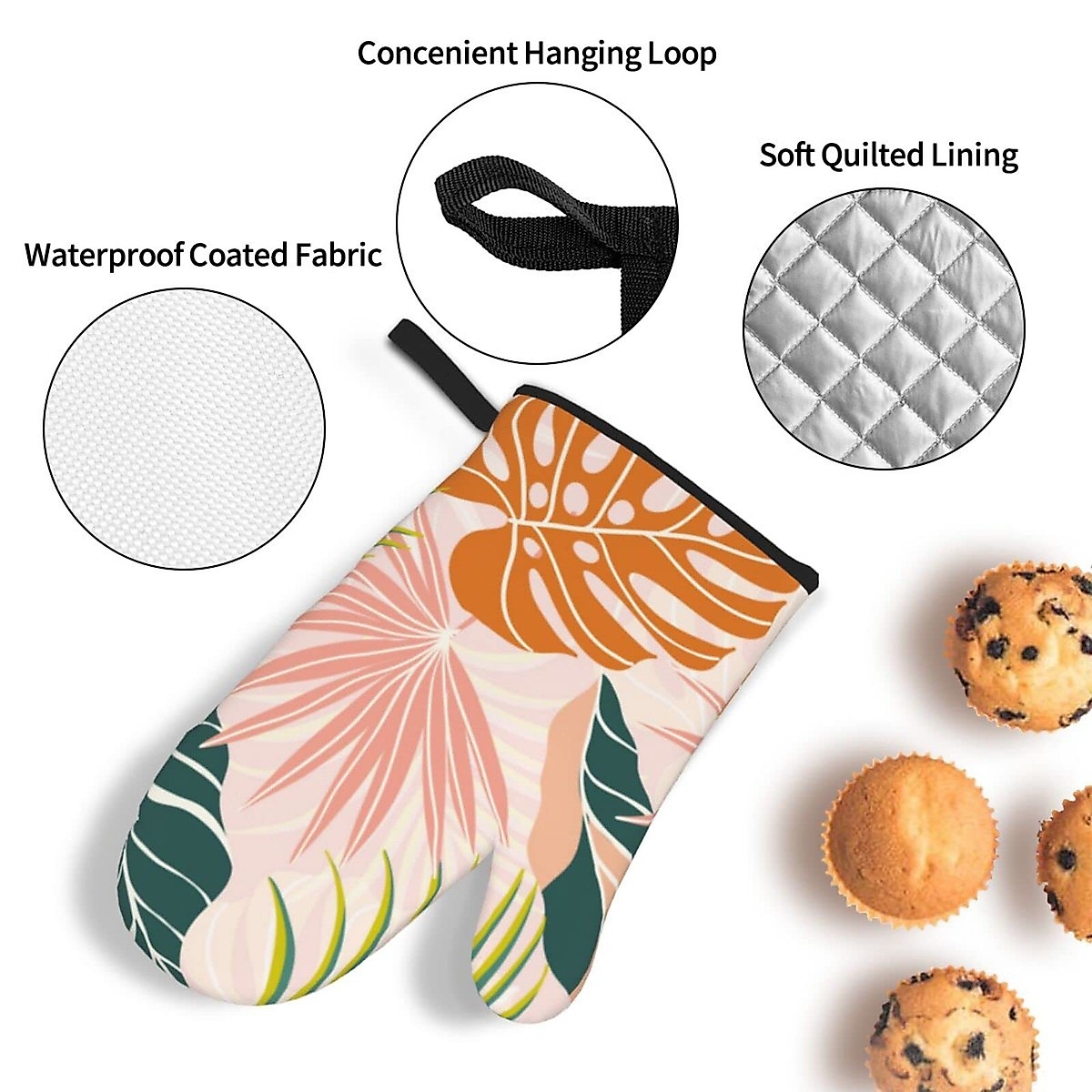 Oven Mitts and Pot Holders Sets 4 Piece, Boho Tropical Leaves and Flowers Pattern Oven Gloves Heat Resistant Non-Slip for Kitchen Cooking Grilling Baking