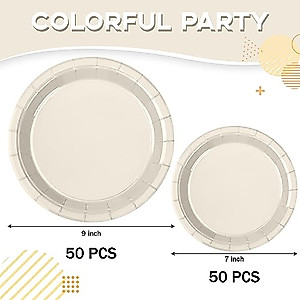 Tioncy 100 Pcs Party Supplies Paper Plates Disposable Halloween Birthday Cake Plates for Dessert Carnival Dinner Fiesta Decorations Serve 50 Guests, 7 Inches and 9 Inches (Ivory,Classic)