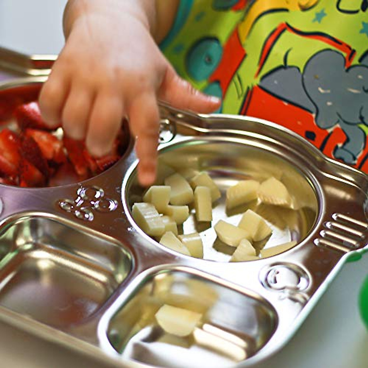 Innobaby Stainless Bus Plate with Airtight Sectional Lid, The Original, Leak-Resistant Divided Platter, Mom Invented Fun Shape Plate Din Din SMART for Babies, Toddlers and Kids, BPA Free Plate, Orange