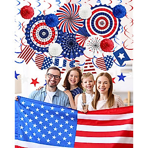 26 Pcs 4th of July Decorations Outdoor, Patriotic Decorations LOVE USA Banner Red White Blue Paper Fans Hanging Swirls Pompoms Independence Day Decor for Veterans Day, Memorial Day, Fourth of July