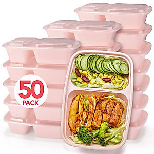 Glotoch 50 Pack Pink Meal Prep Container 2 Compartments, Microwavable To Go Containers, BPA-Free Food Prep Containers- Take Out Food Containers For Salad/Lunch- Freezer&Dishwasher Safe, Stacable