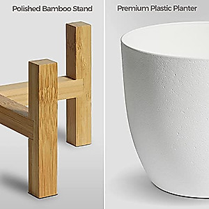 T4U 7 Inch Self Watering Planter with Bamboo Stand Set of 2, Plastic White Flower Pot for Indoor Herb Plant, Aloe, African Violet, Nursery Seedling Pot Round, Modern Decor for Home, Garden, Office