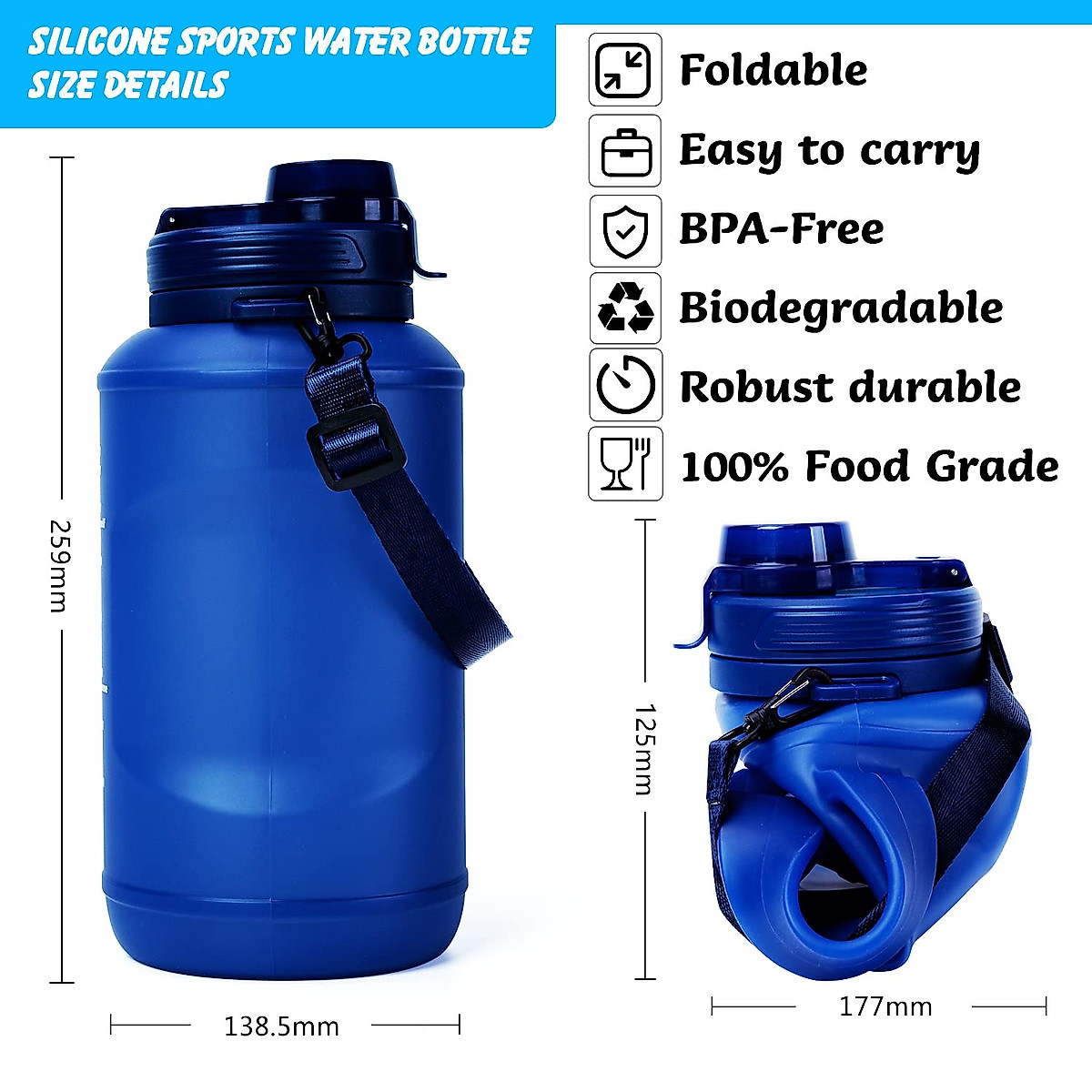 64 oz Collapsible Water Bottles with Straw, Half Gallon Water Bottle with Motivational Time Marker, Large Reusable Silicone Water Jug with Handle for Gym Sports Outdoor Travel Blue