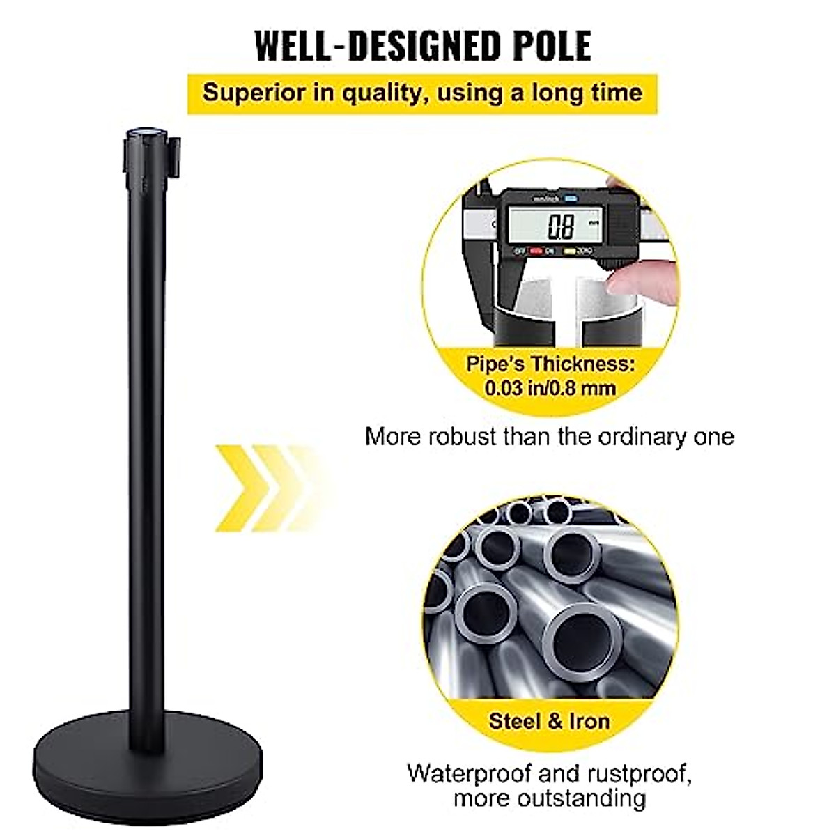 VEVOR Crowd Control Stanchion Set, Stanchion Set with 6.6 ft/2 m Black Retractable Belt, Black Crowd Control Barrier w/Concrete and Metal Base - Easy Connect Assembly (4)