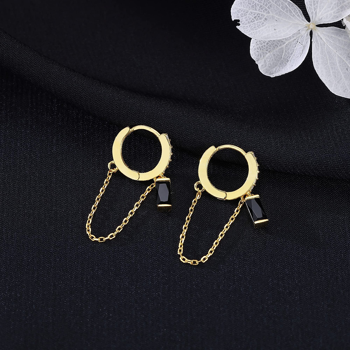 SLUYNZ 925 Sterling Silver Dangle Hoop Earrings for Women Minimalist Black CZ Hoop Earrings Tassel Chain (B-Gold Plated)