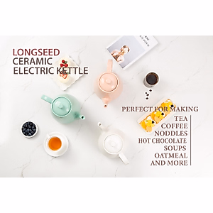 LONGSEED Ceramic Electric Kettle with Fine Mesh Infuser, 1.2L/1000W Boil Water Quickly and Easily with Boil-Dry Protection Auto Shut Off, Detachable Swivel Base, Glazed Relief Carving