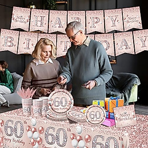 60th Birthday Tableware Decorations for Women, 142Pcs Pink Rose Gold 60th Birthday Supplies Plates and Napkins,Cups,Tablecloth,Happy 60th Birthday Banner for 60 Years Old Birthday Party