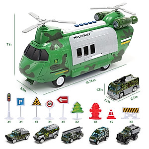 CUTE STONE 2-in-1 Amy Helicopter Toys, Boys Military Toy Friction Powered Helicopter w/Electric Rubber Propeller, Realistic Light & Music, Mini Vehicles, Traffic Road Signs, Vehicle Toy Set for Kids