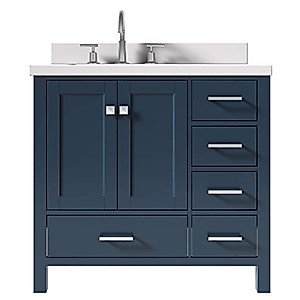 ARIEL 37" Midnight Blue Bathroom Vanity with 1.5" Edge Pure White Quartz Countertop & Backsplash, Left Rectangular Sink, 2 Soft Closing Doors, 5 Full Extension Dovetail Drawers, Satin Nickel