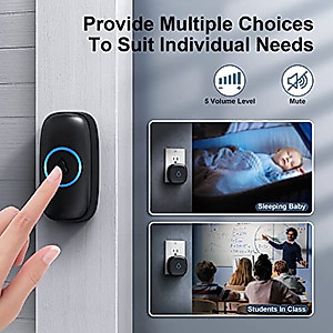 SECRUI Wireless Doorbell with 2 Receivers 2 Push Buttons, Easy installation, Adjustable Volume, 58 Chimes, Colorful LED, 1000Ft Range, M520+F55, Black