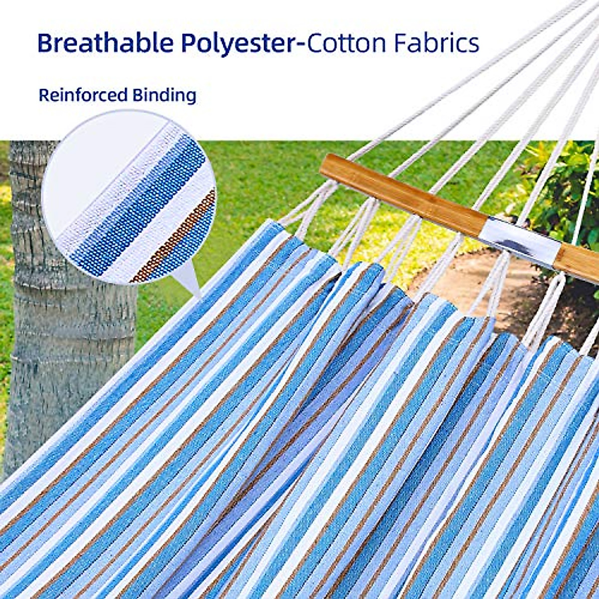 Double Hammock with Tree Straps Kit, Ohuhu Folding Curved-Bar Bamboo Hammock with Carrying Bag, Portable 2-Person Hammocks Swing for Patio Backyard Porch Camping Travel Indoor Outdoor Use