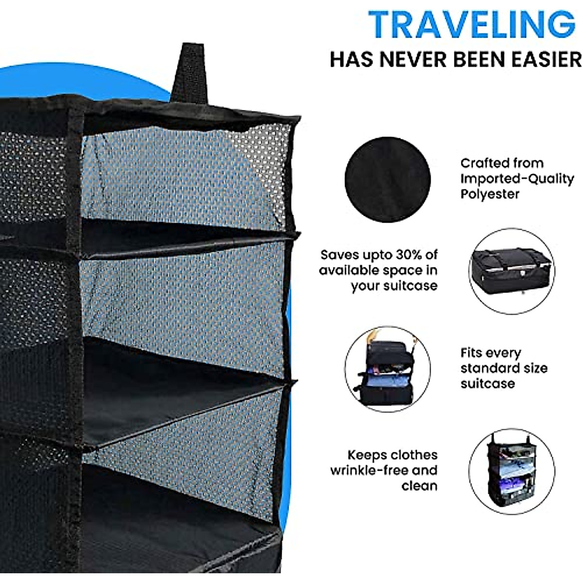 Grand Fusion Housewares Stow-N-Go Luggage and Travel Organizer, Travel Essentials, Hanging Packing Cubes With Hanging Shelves And Laundry Storage Compartment, Black