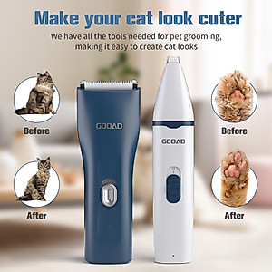 Gooad Cat Clippers for Matted Hair, Quiet Cat Shaver for Long Hair, Cordless Cat Hair Trimmer for Grooming, Cat Paw Trimmer Nail Grinder,Pet Shaver Cat Grooming Kit for Cats Small Dogs Animals(Blue)
