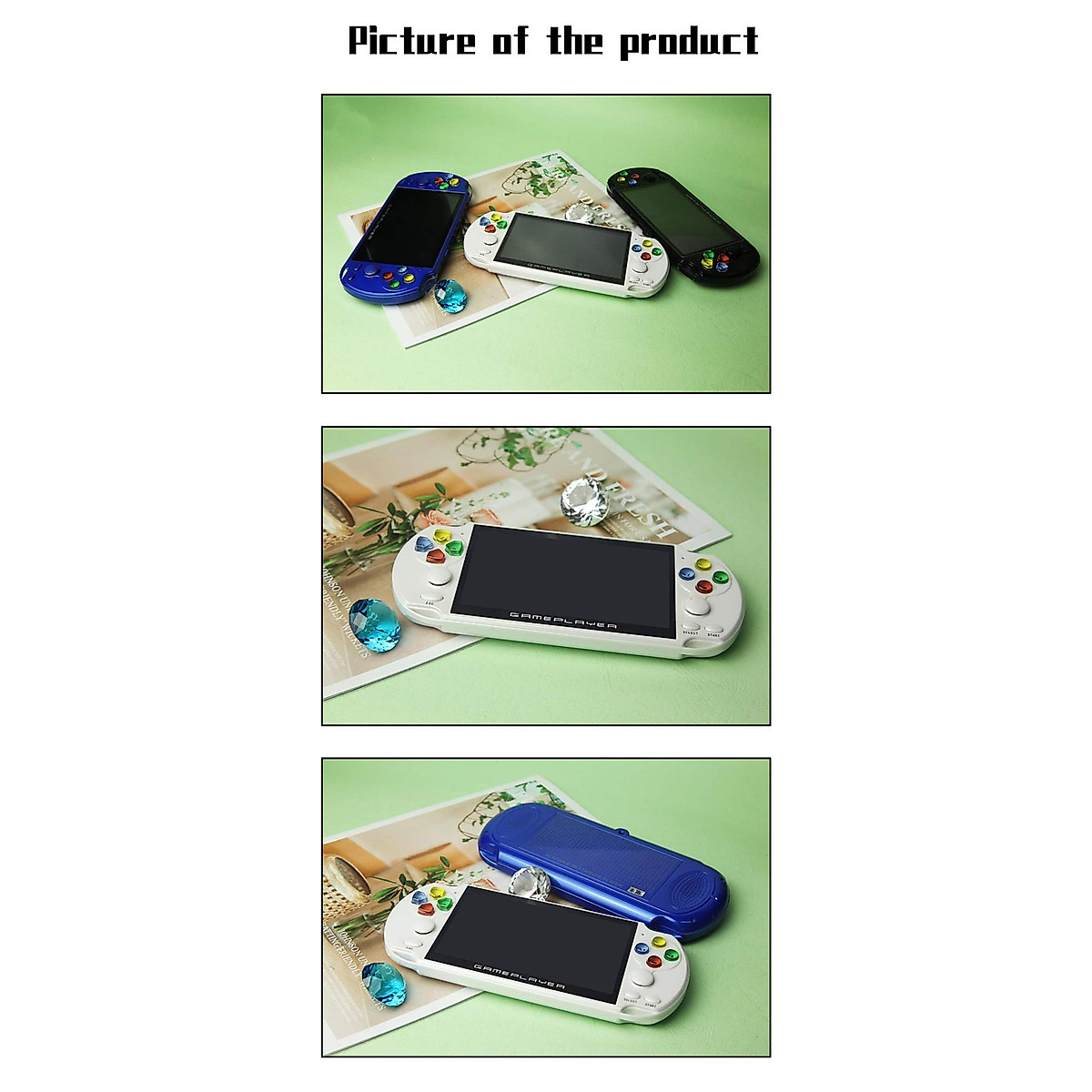 CZT 5.1-inch multi-function video game console color crystal buttons built-in 9600 games MP3MP4 lithium battery game archive AV OUT DV/DC hand-held gaming device (White)