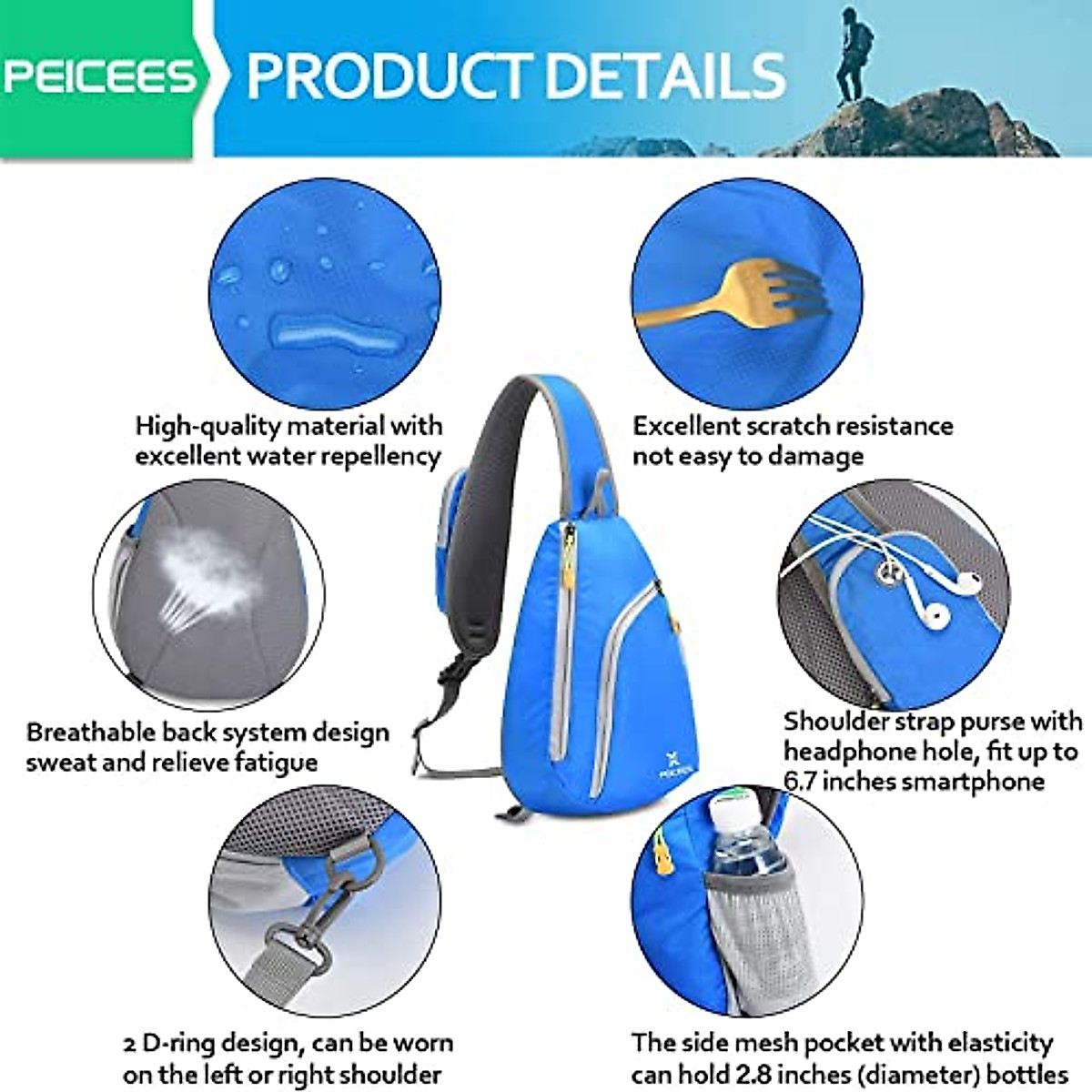 Peicees Small Sling Bag for Men Women Waterproof Crossbody Backpack Shoulder Chest Bag Travel Hiking Daypack
