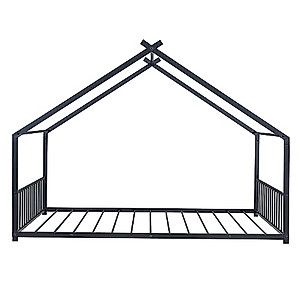 SIYSNKSI Full Size House Bed, Metal Floor Bed Frame with Roof and Sturdy Slat Support, Platform Bed for Kids Teens Girls Boys Bedroom Furniture, No Box Spring Needed (Black + Metal-C36)