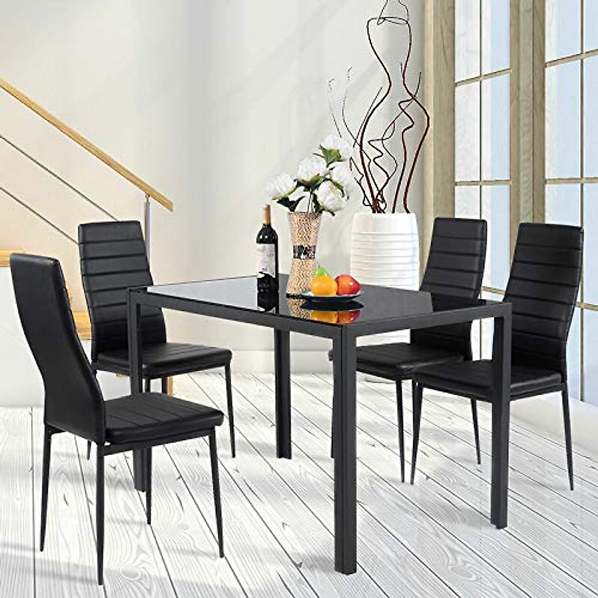 Black Glass Dining Table, Tempered Glass Top Table Metal Legs Rectangular for Small Kitchen Dining Room Living Room 4 People