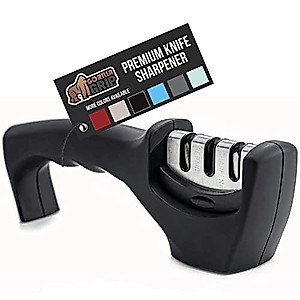 Gorilla Grip Easy to Use Knife Sharpener, 3 Sharpening Options to Help Polish, Sharpen and Repair Kitchen Knives, Restore Dull Blades, Slip Resistant Handle, Professional Chef Quality, Jet Black
