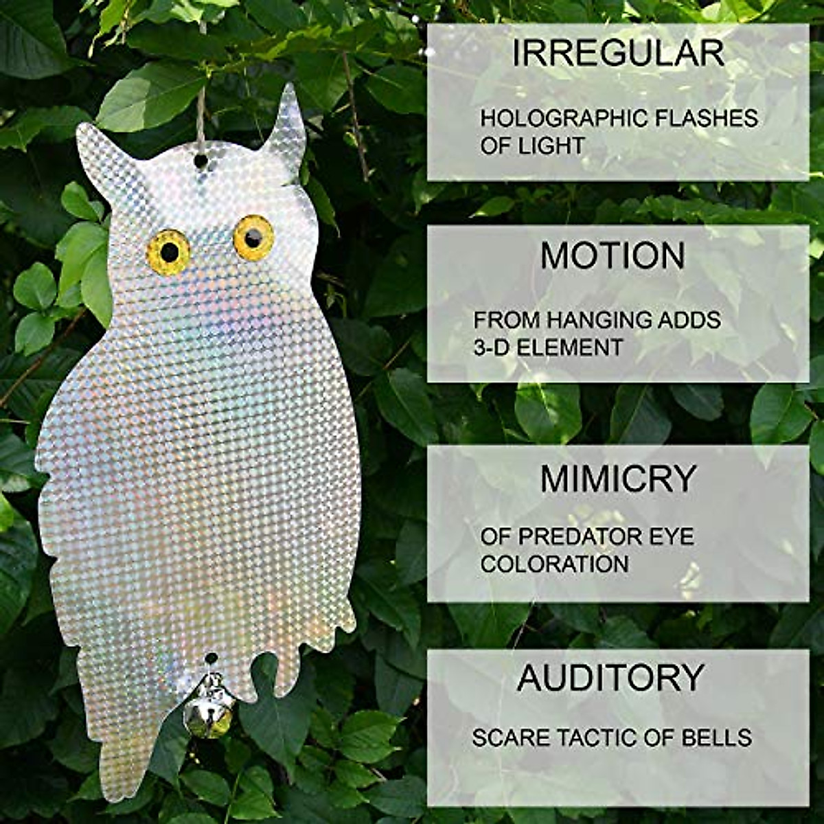 Home-X Guard Owl Decoy for Yard, Reflective Bird Deterrent Decoration with Bells
