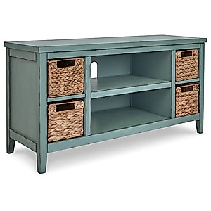 Signature Design by Ashley Mirimyn Casual TV Stand for TVs up to 54" with 4 Baskets and 3 Adjustable Shelves, Green & Light Brown