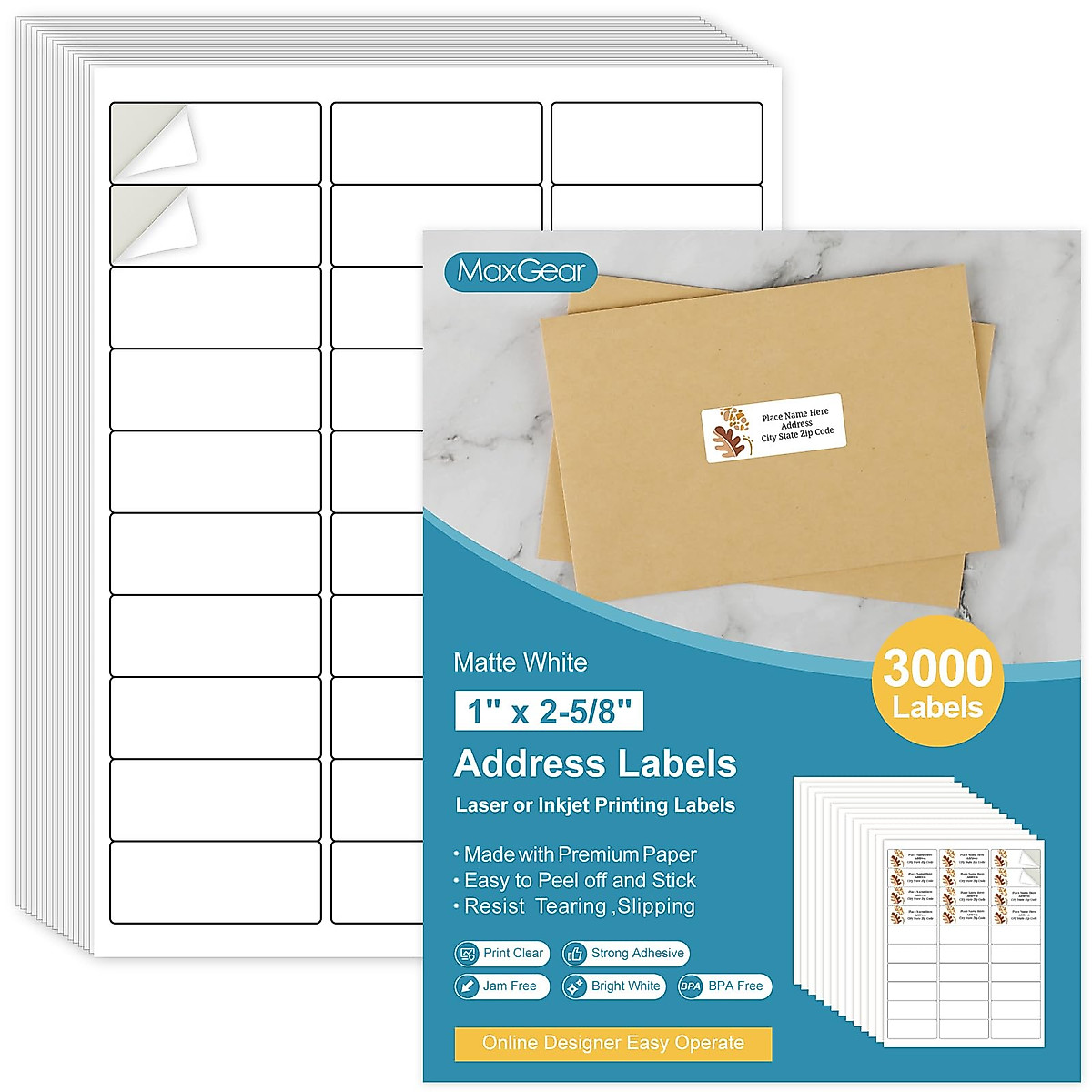 MaxGear 1" x 2-5/8" Address Mailing Sticker Labels for Inkjet or Laser Printer, Matte White Paper Sheets, Strong Adhesive, Dries Quickly, Holds Ink Well, 30 Sheets, 900 Labels