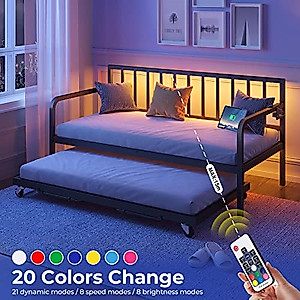 Rolanstar Daybed with Charging Station and LED Lights, Height Adjustable Twin Daybed with Trundle, Metal Sofa Bed Frame with Steel Slat Support for Living Room, Bedroom and Guest Room, Black