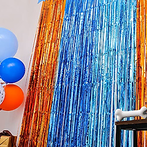 LOLStar Blue Dog Foil Fringe Curtains, Blue Dog Birthday Party Supplies, 2 Packs of 3.3x6.6 ft Orange Blue and Light Blue Tinsel Photo Booth Prop, Streamer Backdrop for Blue Dog Theme Party Decoration