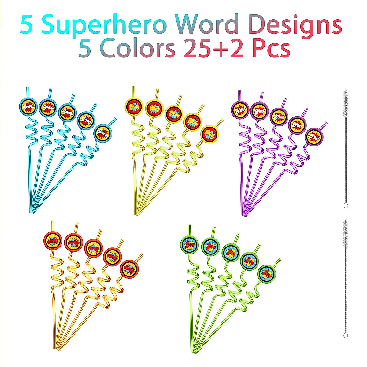 24 Superhero Word Drinking Plastic Straws 6 Designs Great for Birthday as Superhero Party Favors and Party Supplies with 2 Cleaning Brush
