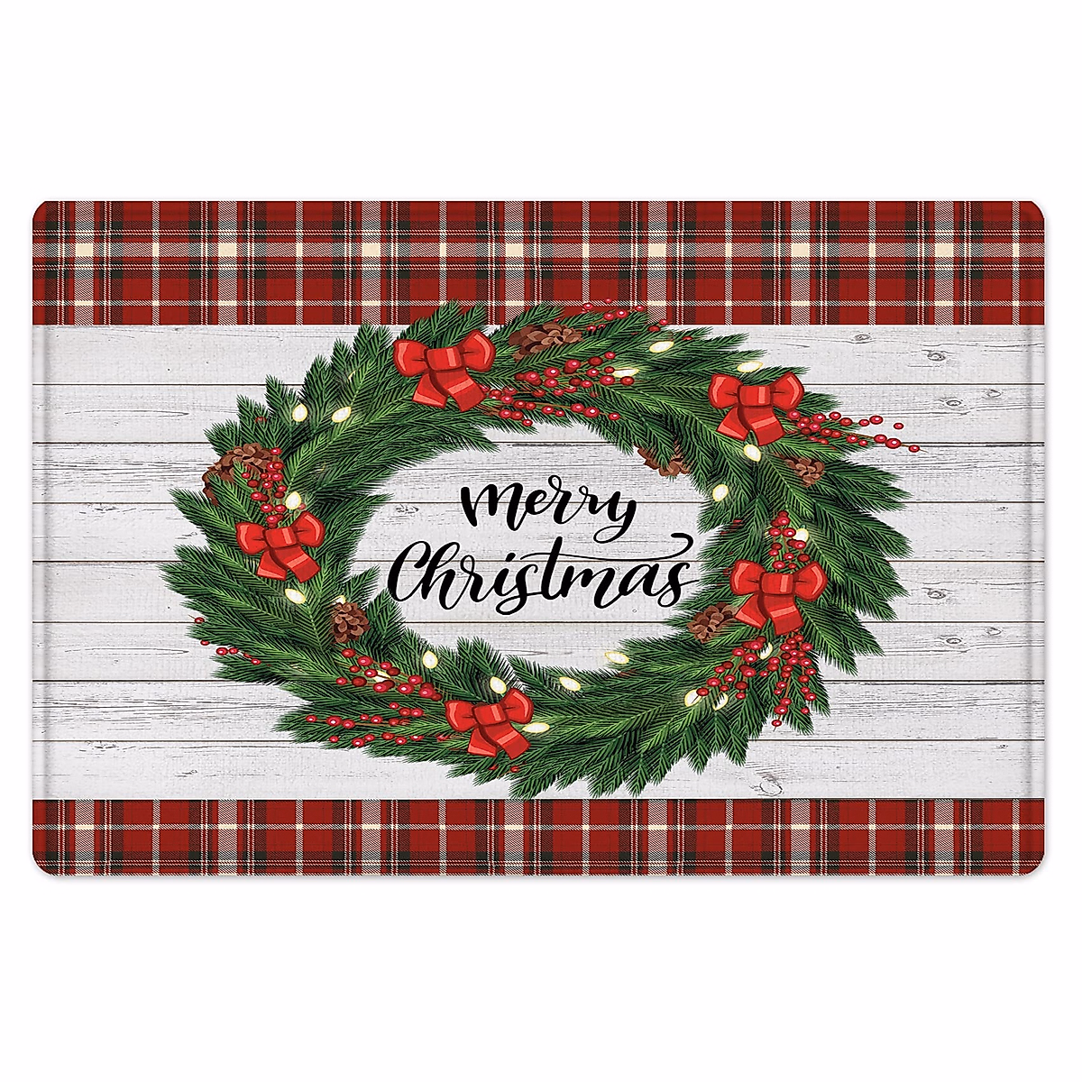 HVEST Christmas Memory Foam Bath Mat, Christmas Garlands with Red and Black Plaid on Rustic Wood Planks Non Slip Bath Rug Kitchen Mat Door Mat Washable Absorbent Bathroom Décor Rug, 16 X 24 Inches
