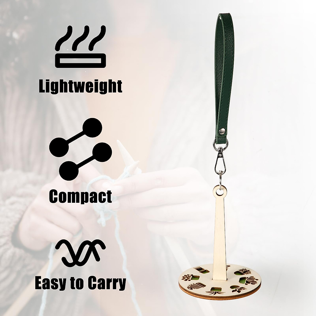 Wrist Yarn Holder, Portable Wrist Yarn Ball Minder Stand with Leather Wristband Wooden Twizzling Yarn Organizer Storage Knitting Supplies Crocheting Gift for Craft Lover (Green)