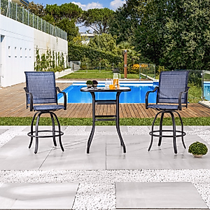 LOKATSE HOME Bar Stools 2 High Swivel 1 Height Outdoor Bistro Table, Patio Furniture, Blue Tesling Fabric, 3 Pcs Chair Set