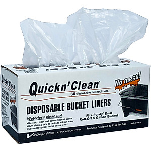 Quickn'Clean disposable paint bucket liners 30-Pack. Custom fits Purdy® Dual Roll Off paint bucket. EZ Tear Perforated Roll. DOES NOT FIT Wooster Wide Boy 5 Gallon Paint Bucket.