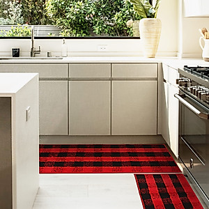 Dephora Kitchen Rugs and Mats Non Skid Washable Set of 2 Anti Fatigue Buffalo Plaid Check Water Absorb Microfiber Runner Rug for Kitchen Floor Front of Sink, Bathroom,17"x48"+17"x24", Black and White