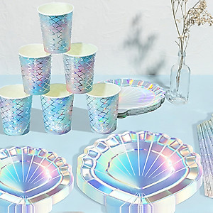 122PCS Mermaid Party Supplies for Girls Baby Shower Birthday Party Under the Sea Little Mermaid Themed Decor Iridescent Shell Plates Napkins Cups Knives Forks Tablecloths Banners Serves 20 Guests