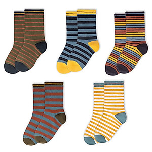Mightly Boys' Crew Socks | Organic Cotton Certified Multi-Pack Toddler and Kids Sock Set, Mightly Stripes, Small (10-11)