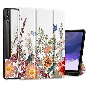 DONGKE Case for Samsung Galaxy Tab S8 Plus 2022 / S7 FE 2021 / S7 Plus 2020 12.4 Inch with S Pen Holder [SM-X800/X806/X808], Ultra Thin Lightweight Trifold Stand + Auto Wake/Sleep, Floral