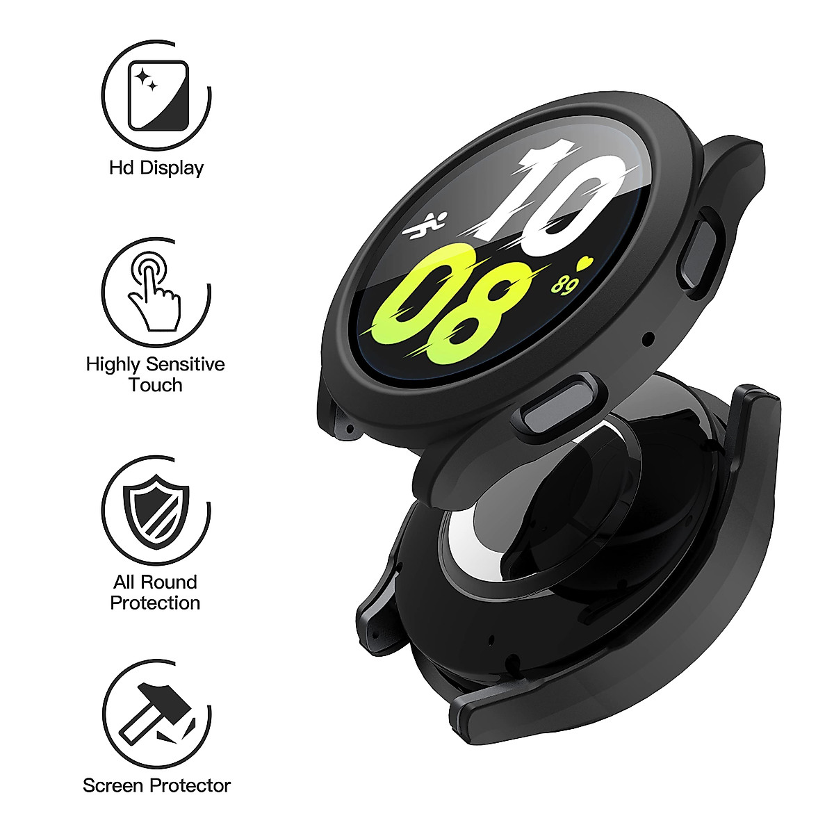 Misxi 2-Pack Hard PC Case with Screen Protector for Samsung Galaxy Watch 5 Galaxy Watch 4 44mm, Ultra-Thin Scratch Resistant Cover with Tempered Glass, Black