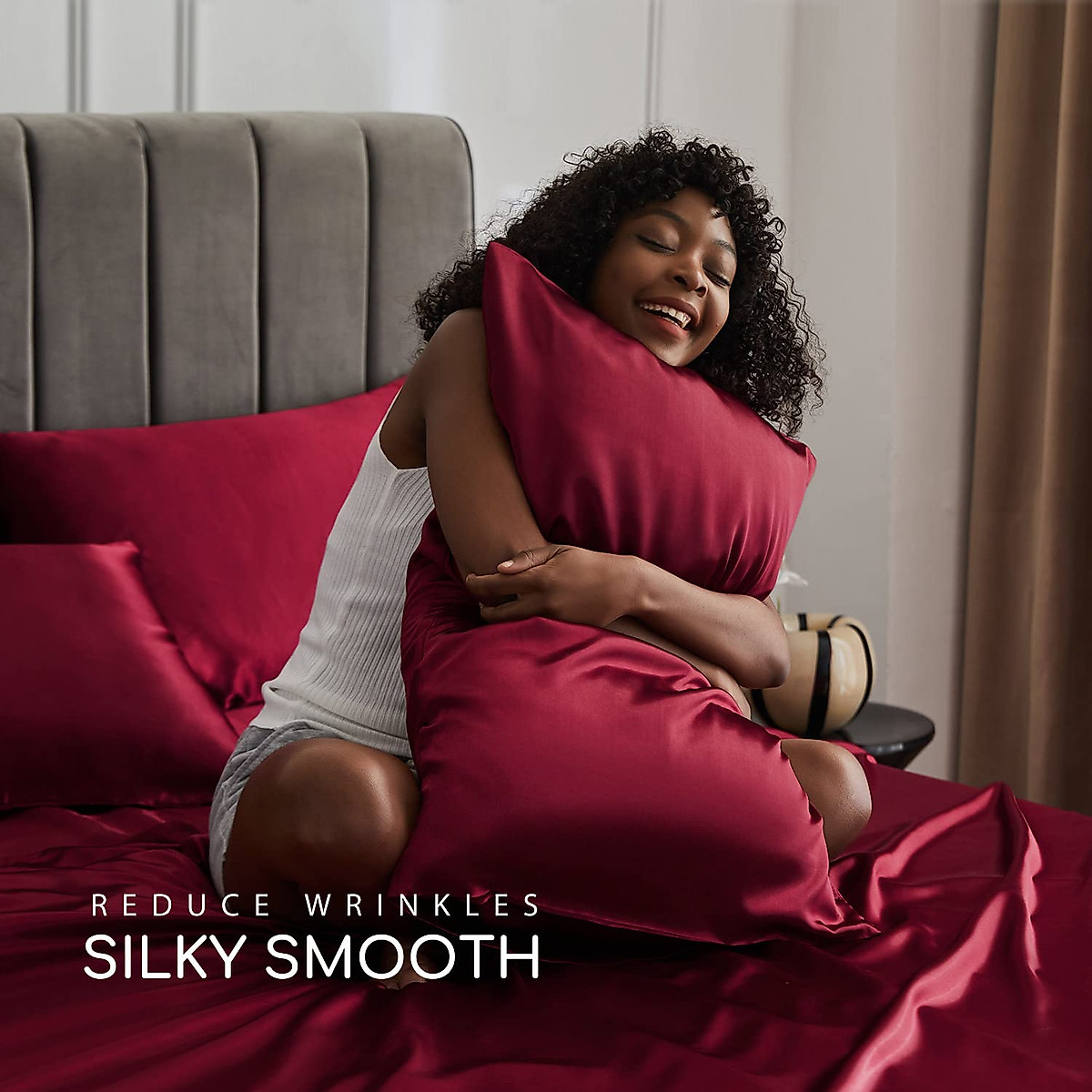 MR&HM Satin Bed Sheets, King Size Sheets Set, 4 Pcs Silky Bedding Set with 15 Inches Deep Pocket for Mattress (King, Burgundy)