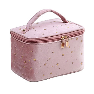 HOYOFO Velvet Makeup Bag with Handle Cosmetic Bags with Makeup Brush Holder Travel Make up Bag for Women, A Pink