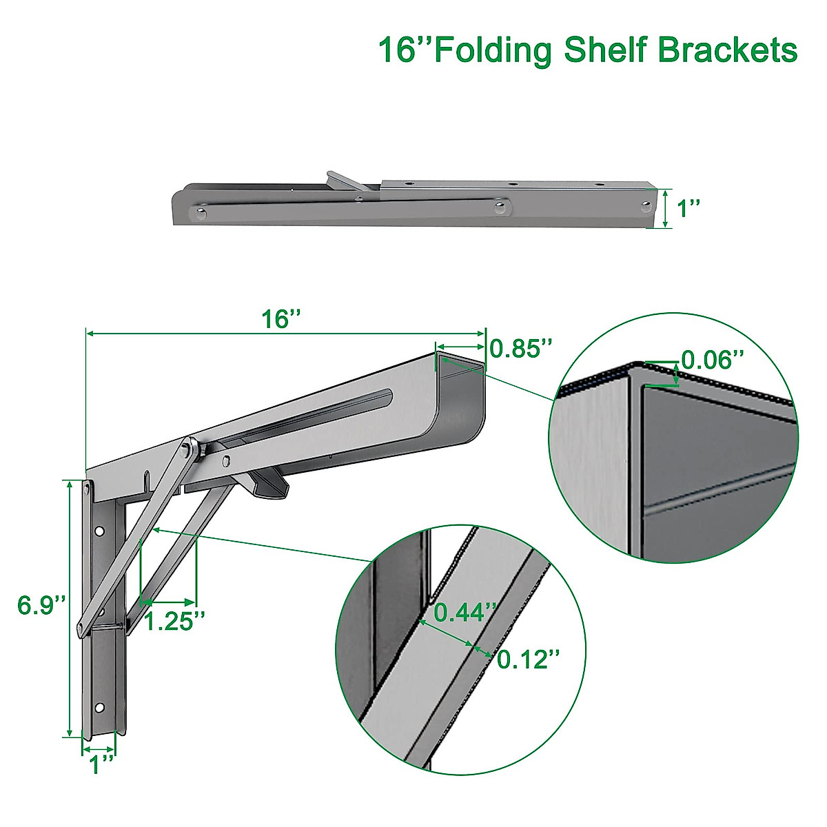 MySit 16" Folding Shelf Brackets 4 PCS, Max Load 550lb Heavy Duty Stainless Steel DIY Collapsible Wall Mounted L Shelf Bracket Space Saving for Table Work Bench