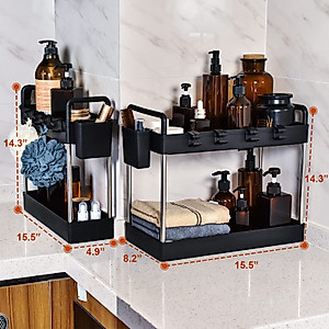 CAPHONT Under Sink Organizer Shelf 2 Pack, 2 Tier Under Bathroom Sink Organizers and Storage Multifunctional Under Cabinet Storage Rack with 8 Hooks & 2 Hanging Cups for Laundry Kitchen, Black