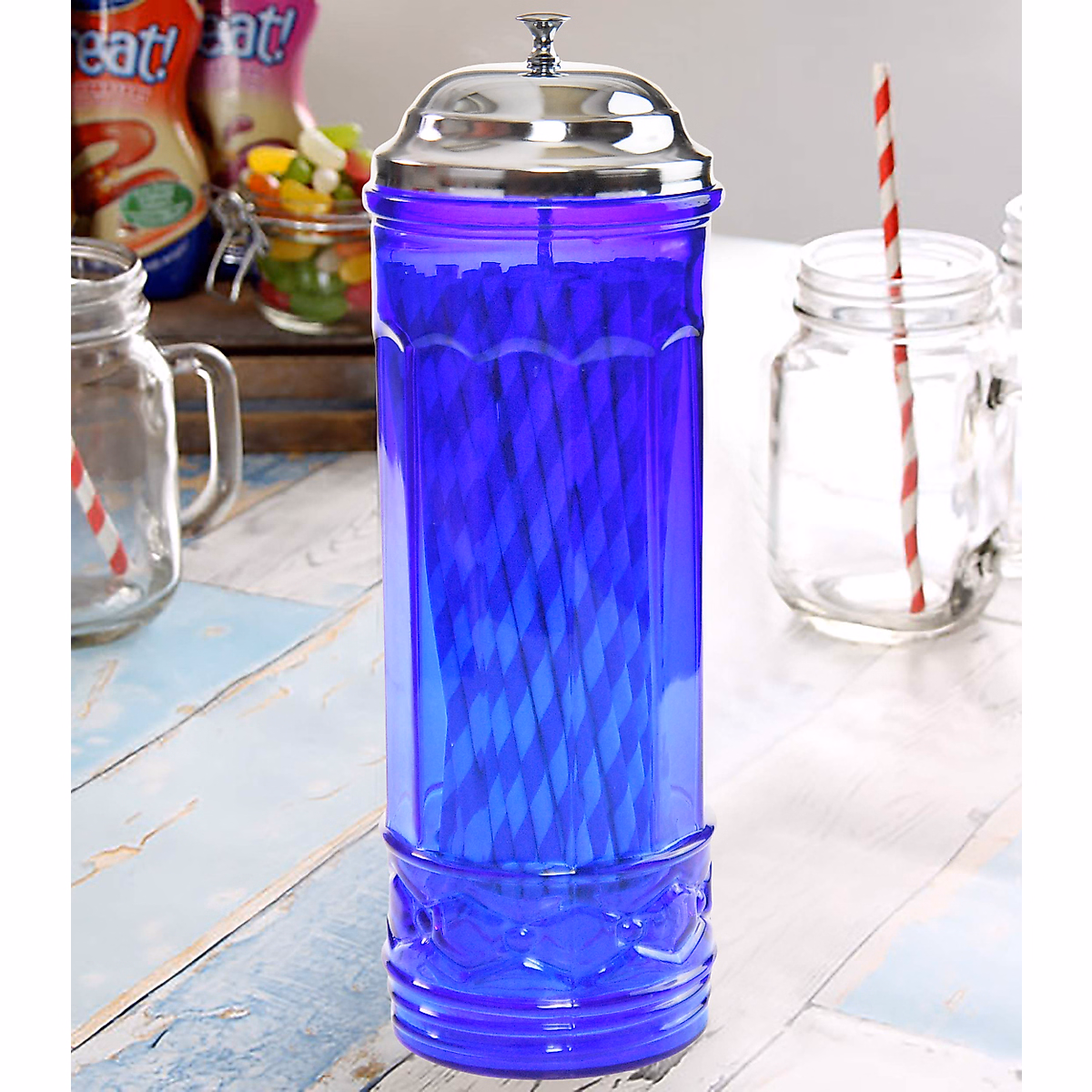HOME-X Cobalt Blue Glass Straw Dispenser, Straw Holder, Vintage Home Kitchen Accessories, Pop Up Stra Lid Dispenser, Depression Style