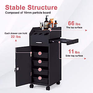 Winado Hair Salon Storage Cart with Wheels & 3 Hair Dryer Holders & 4 Drawers & Lock & 2 Keys, Hairdressing Tools Station Mobile Makeup Case, SPA Utility Trolley (Black)
